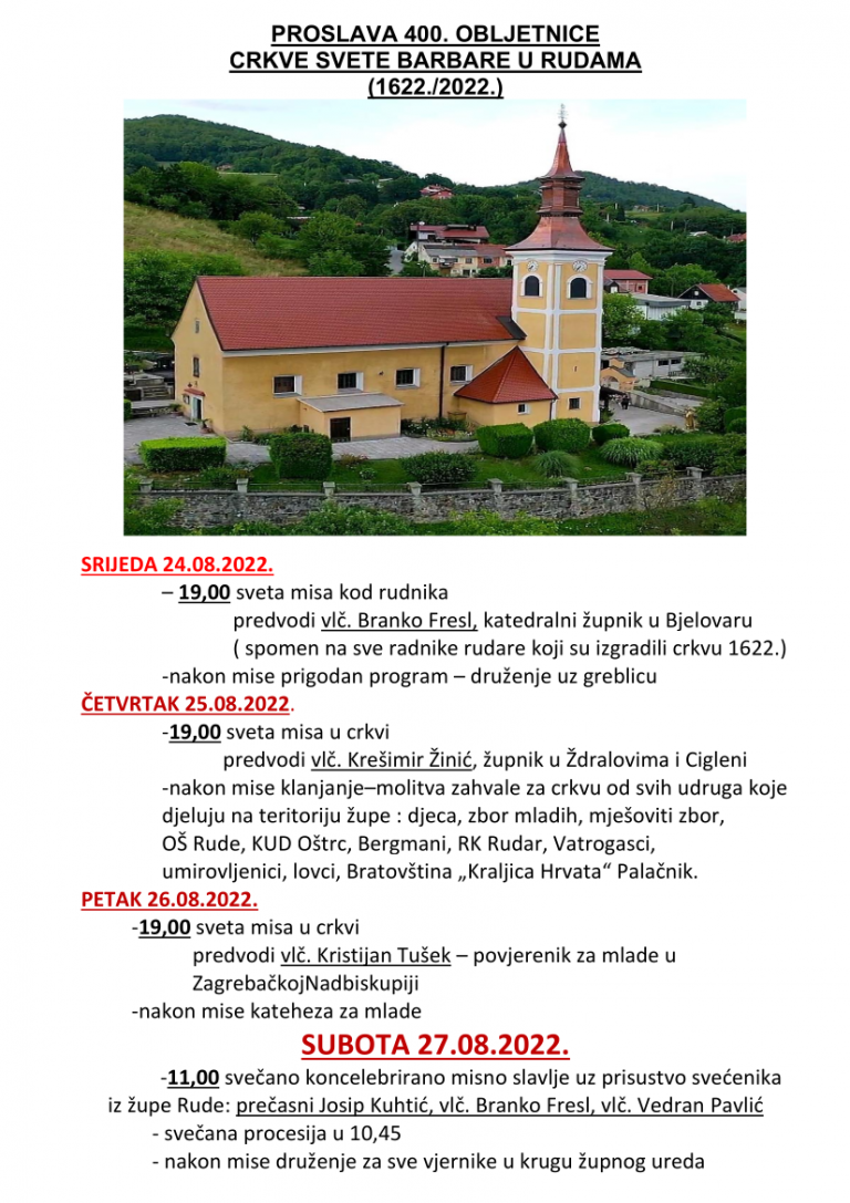 Proslava 400. obljetnice crkve Svete Barbare u Rudama (1622. – 2022.) – IKA