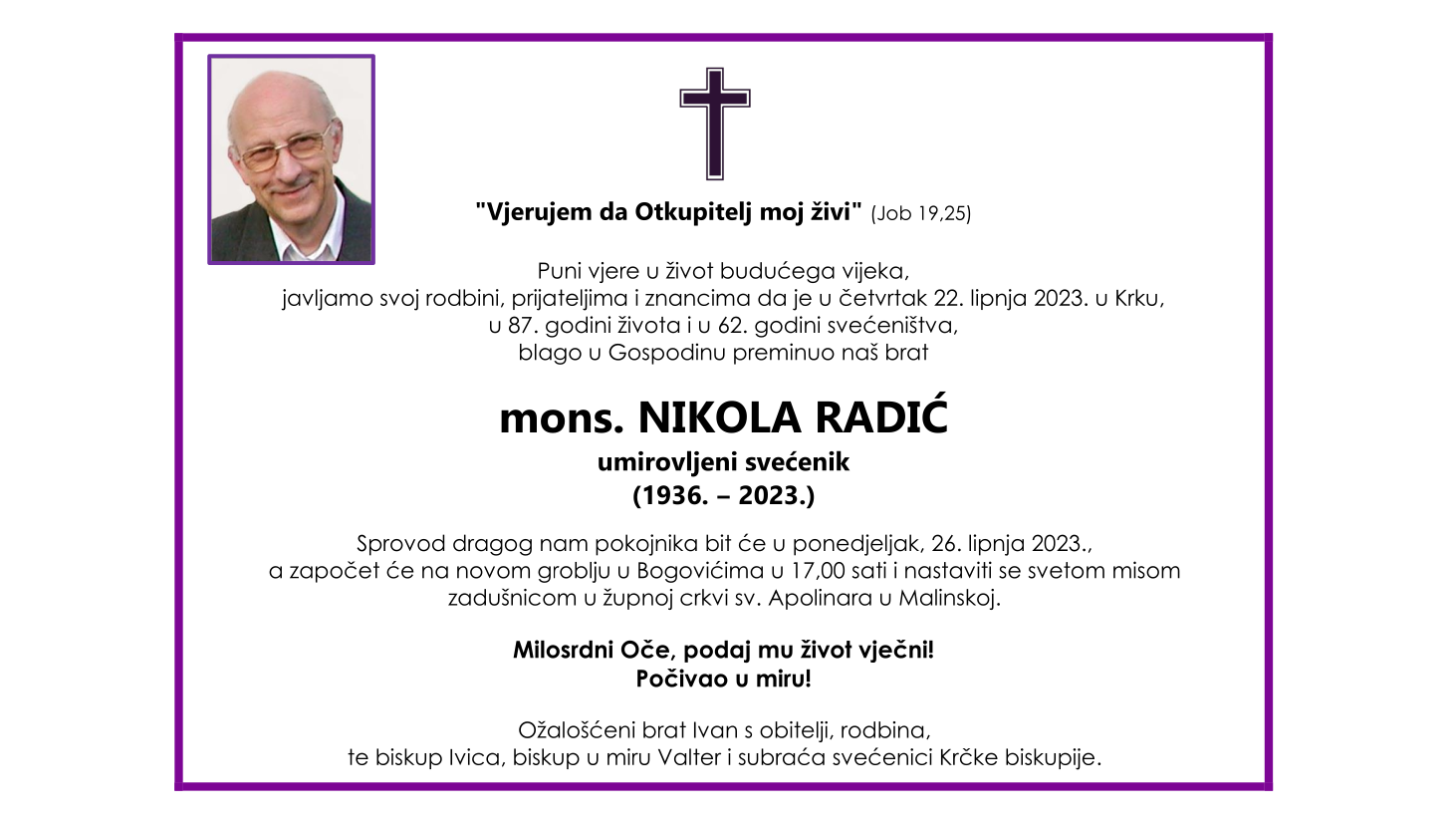 Preminuo mons. Nikola Radić - IKA